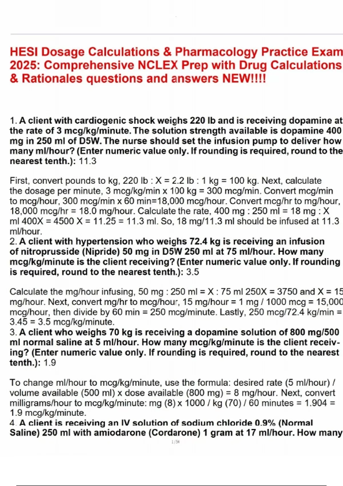 HESI Dosage Calculations & Pharmacology Practice Exam 2025 Comprehensive NCLEX Prep with Drug ...