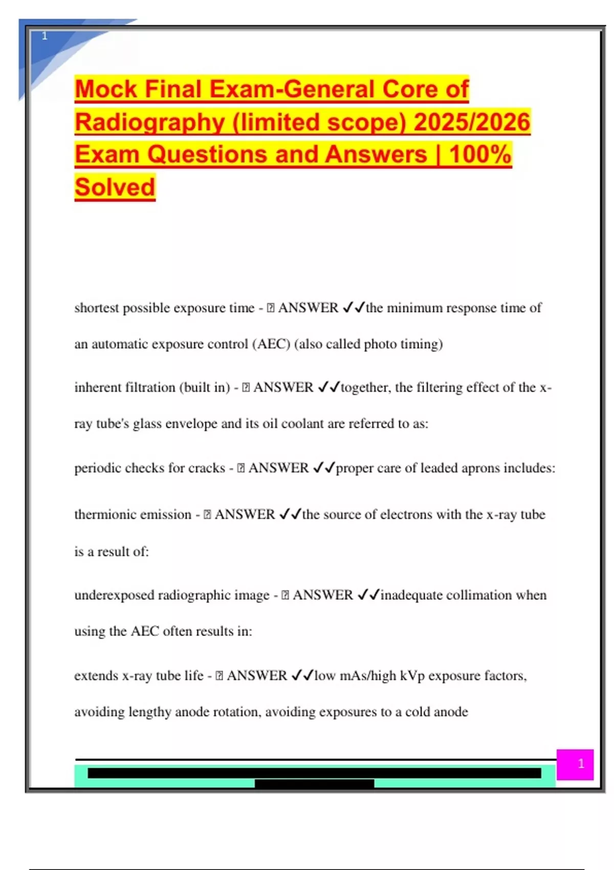 Mock Final Exam-General Core of Radiography (limited scope) 2025/2026 ...