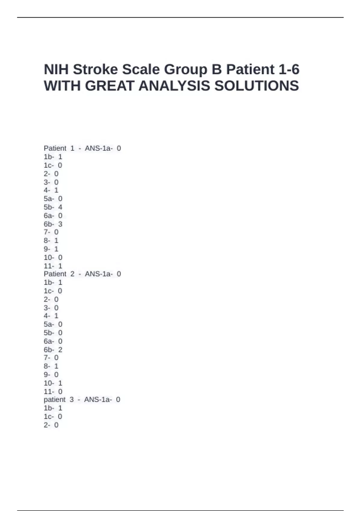 NIH Stroke Scale Group B Patient 1-6 WITH GREAT ANALYSIS SOLUTIONS ...