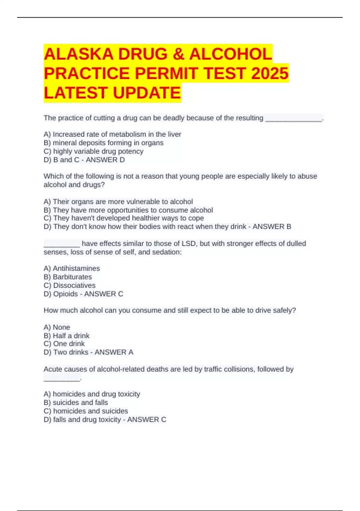 ALASKA DRUG & ALCOHOL PRACTICE PERMIT TEST 2025 LATEST UPDATE - Alaska ...