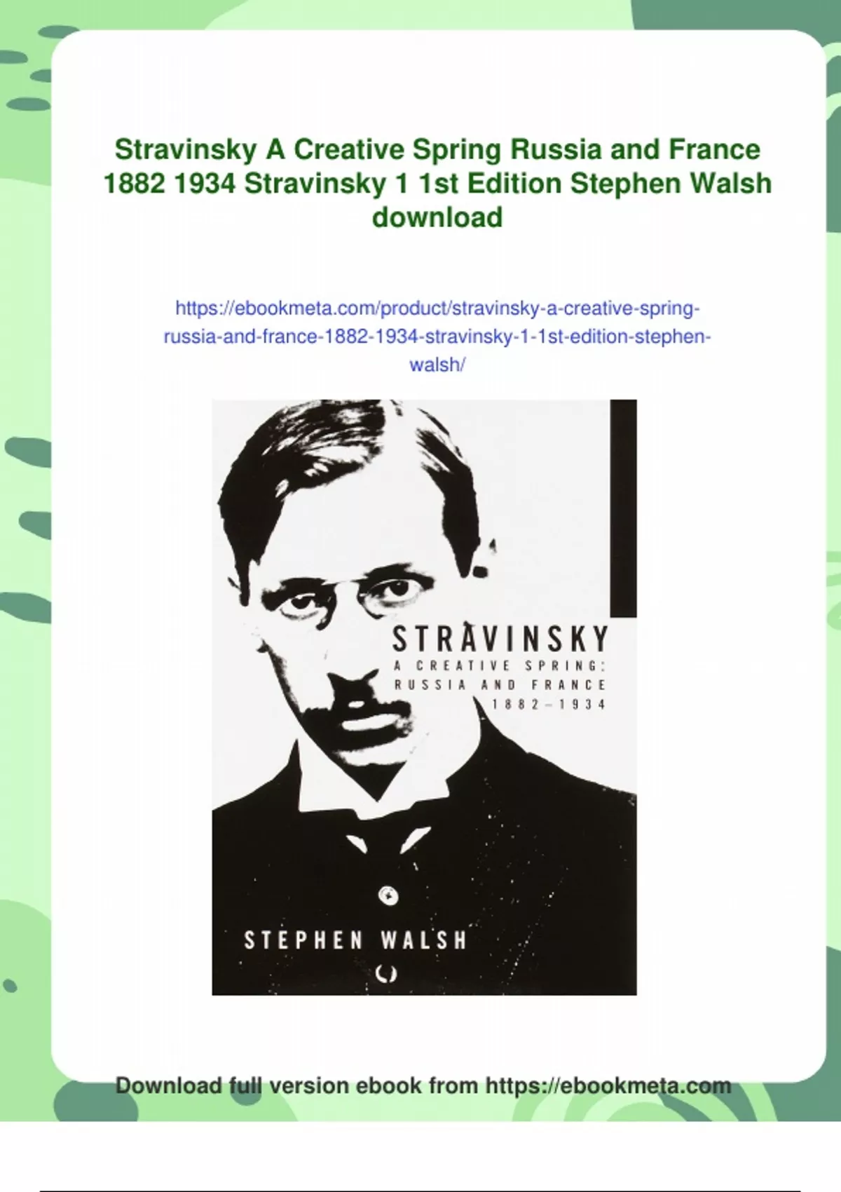 Summary Stravinsky A Creative Spring Russia and France Stravinsky 1 1st ...