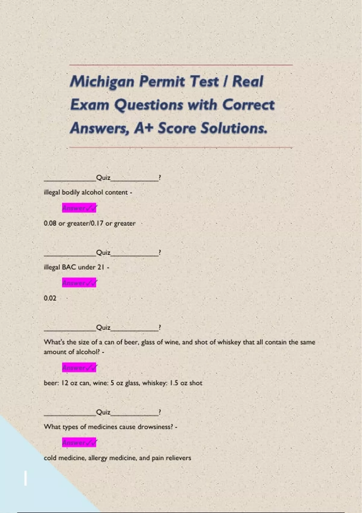 Michigan Permit Test / Real Exam Questions with Correct Answers, A+ ...