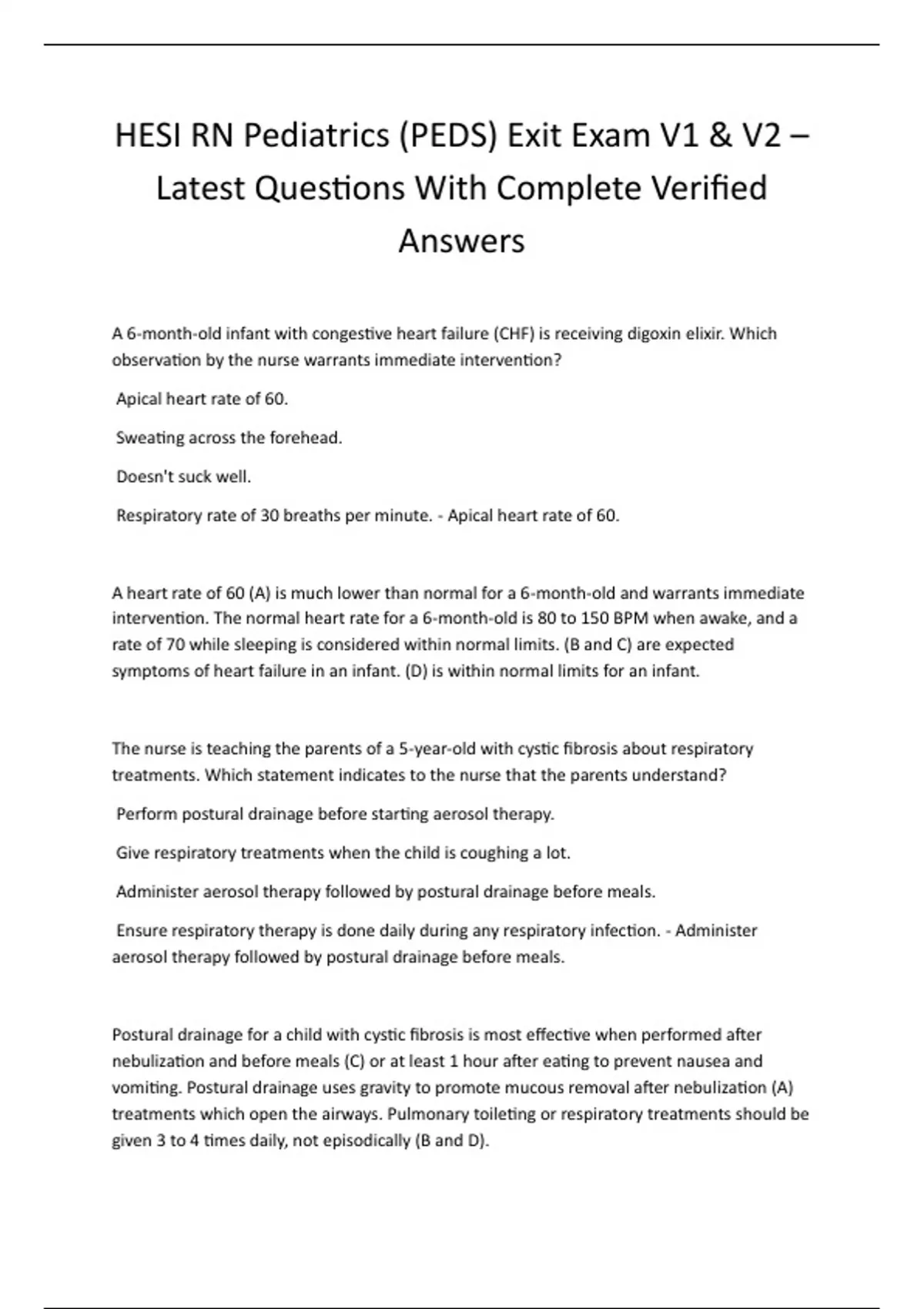 HESI RN Pediatrics (PEDS) Exit Exam V1 & V2 – Latest Questions With ...