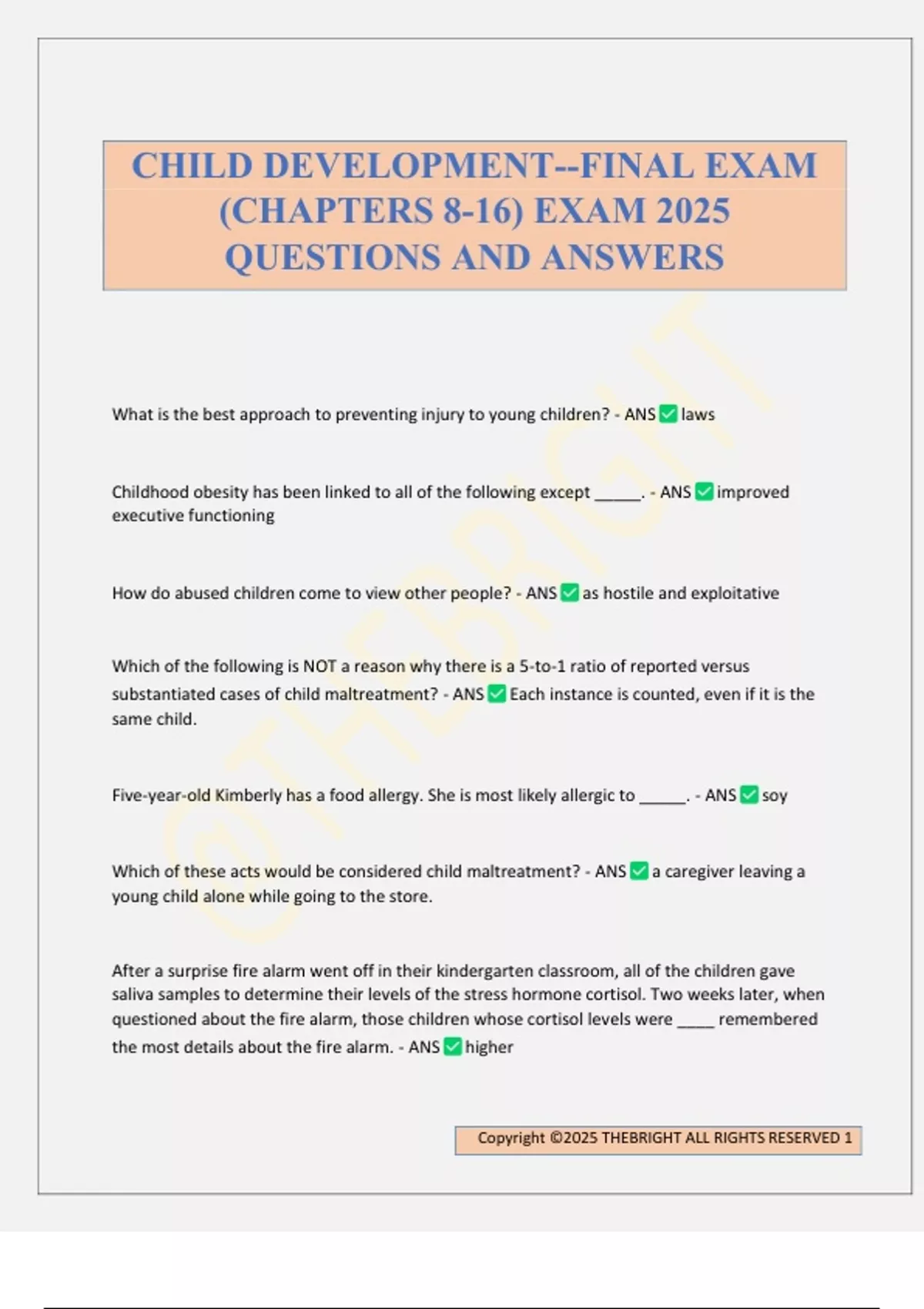 CHILD DEVELOPMENT--FINAL EXAM (CHAPTERS 8-16) EXAM 2025 QUESTIONS AND ...
