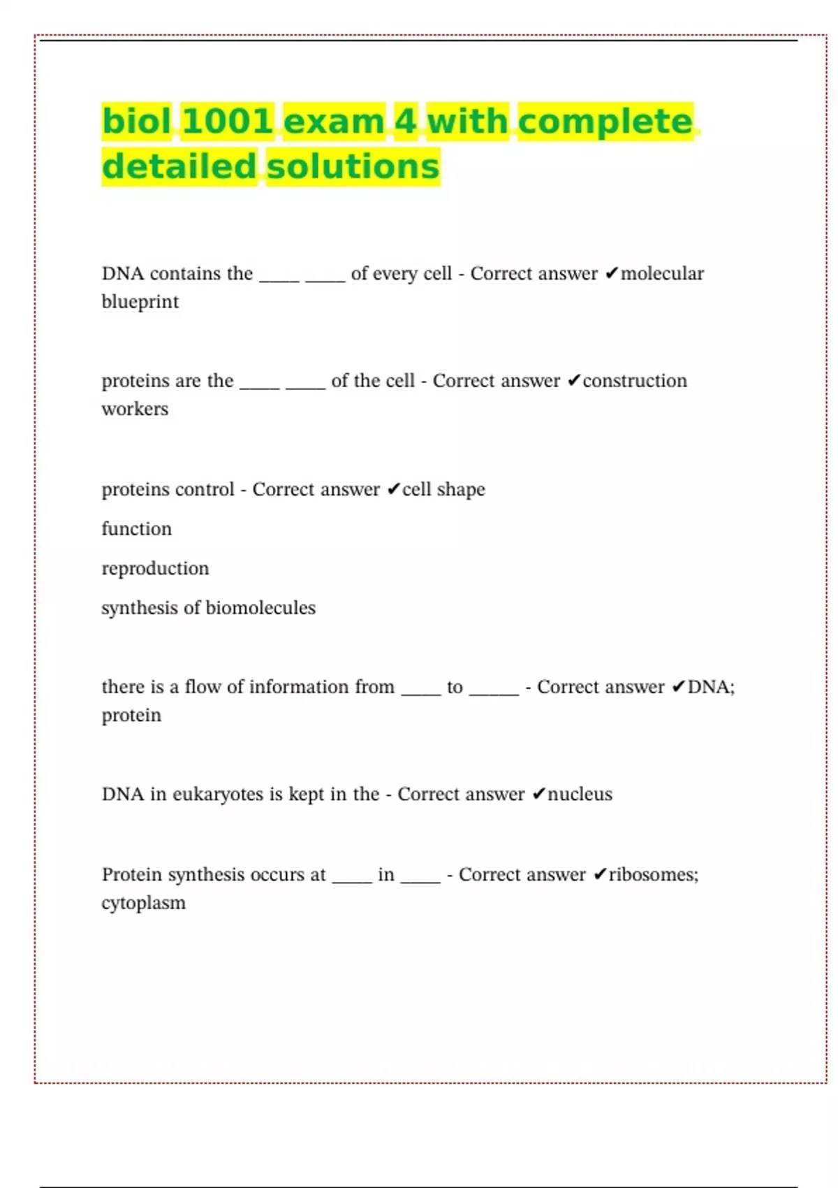 biol 1001 exam 4 with complete detailed solutions - BIOL 1001 ...