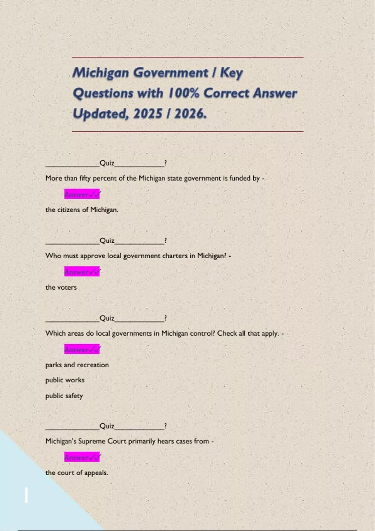 Michigan Government / Key Questions with 100% Correct Answer Updated ...