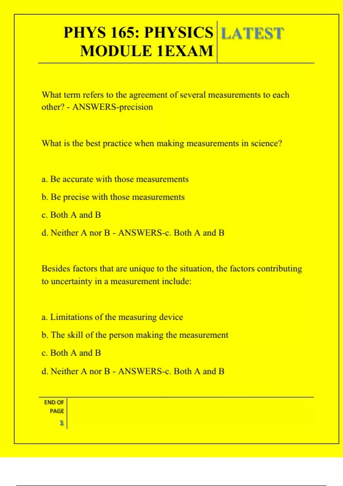 PHYS 165: PHYSICS MODULE 1EXAM QUESTIONS AND ANSWERS 2025 - PHYS 165: PHYSICS MODULE 1 - Stuvia US