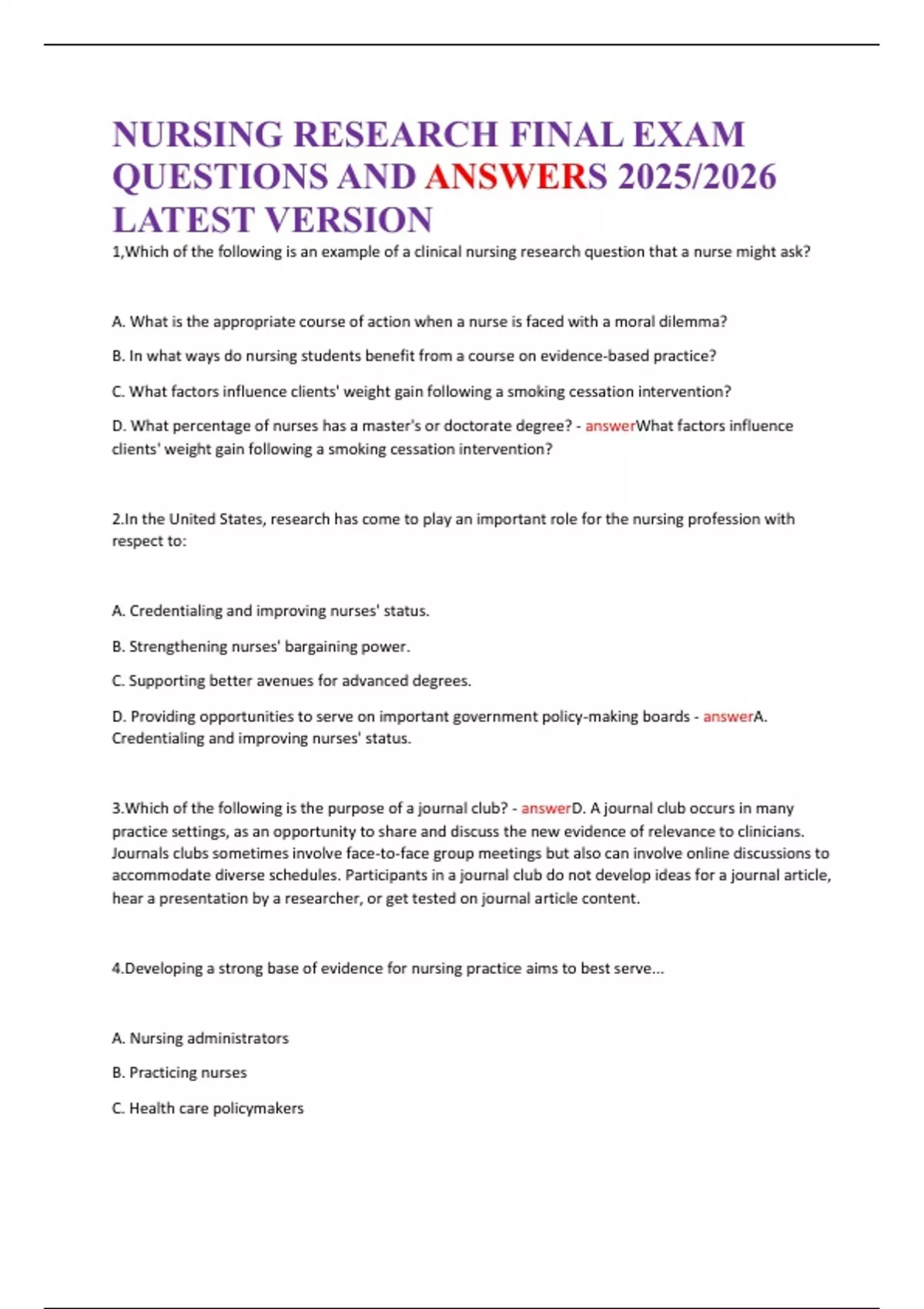 NURSING RESEARCH FINAL EXAM QUESTIONS AND ANSWERS 2025/2026 LATEST ...