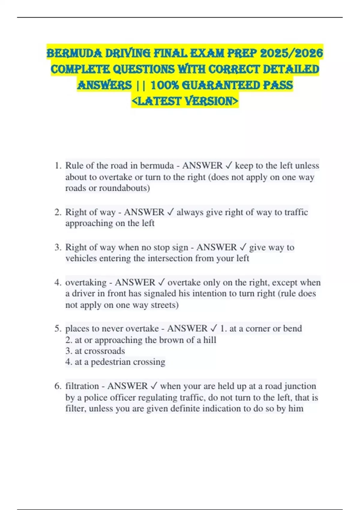 Bermuda Driving FINAL EXAM PREP 2025/2026 COMPLETE QUESTIONS WITH ...