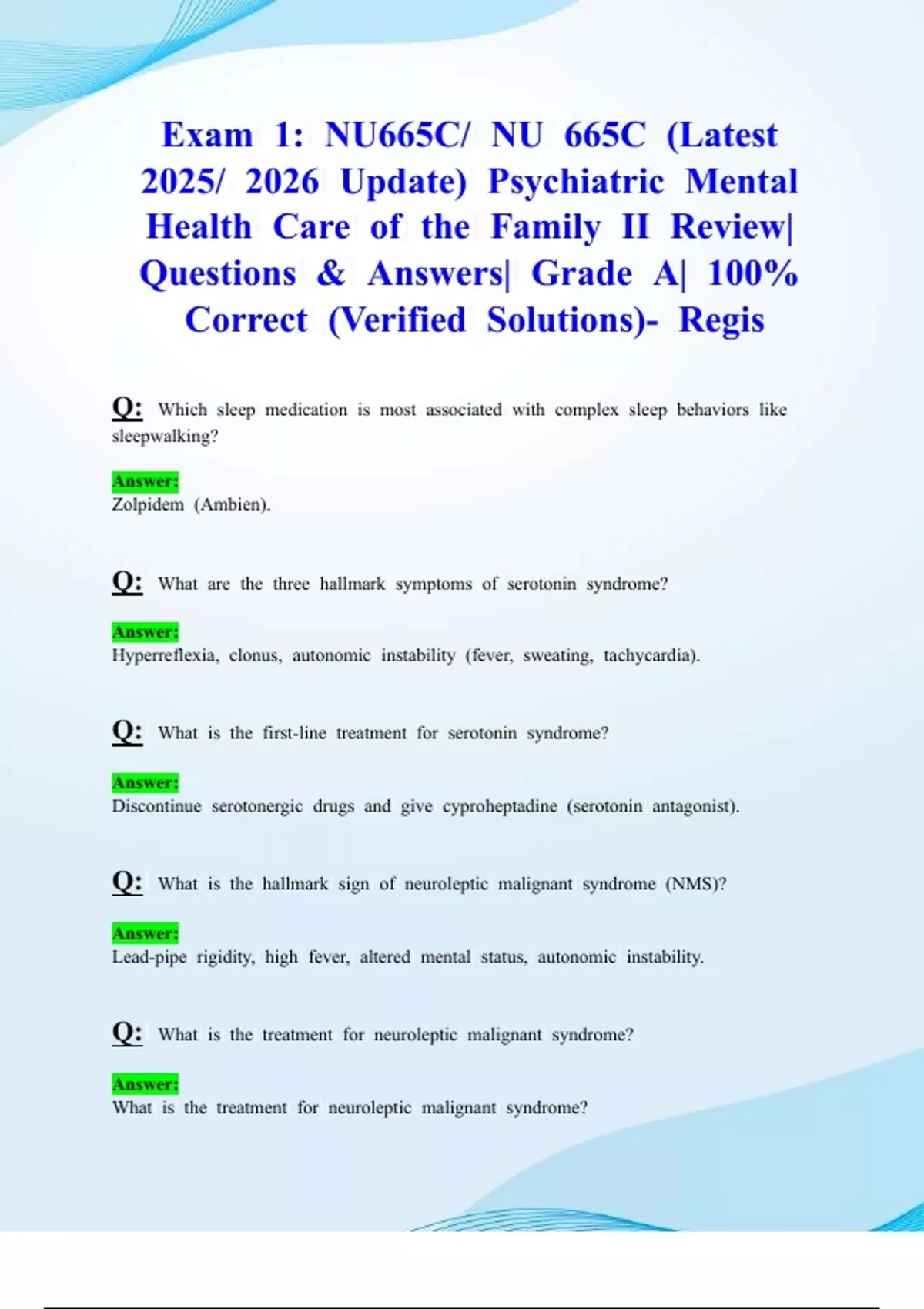 Exam 1: NU665C/ NU 665C (Latest 2025/ 2026 Update) Psychiatric Mental ...