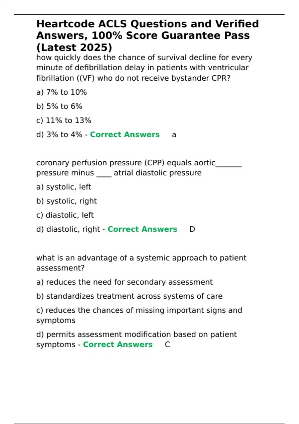 Heartcode ACLS Questions and Verified Answers, 100- Score Guarantee ...