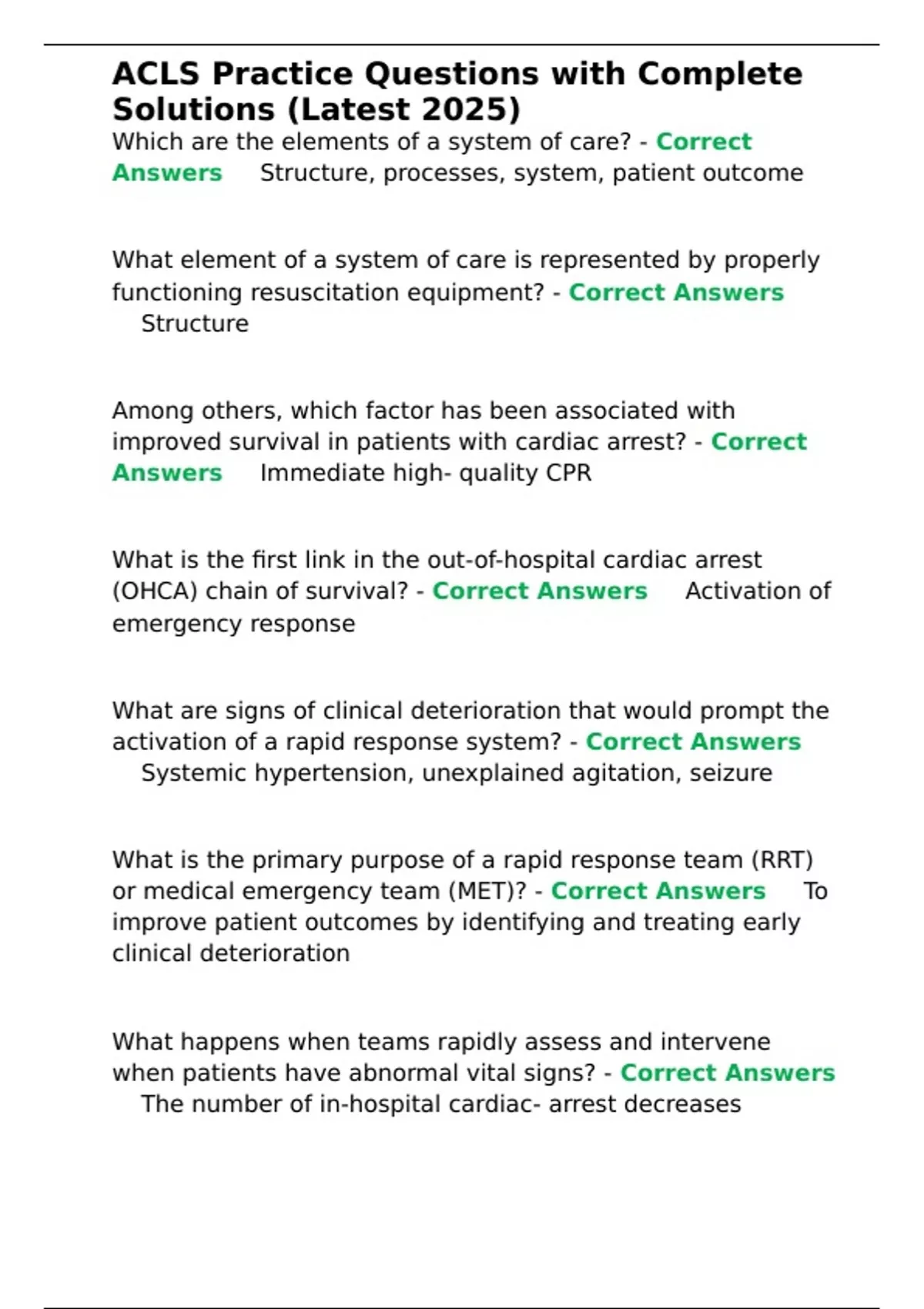 ACLS Practice Questions with Complete Solutions (Latest 2025 ...