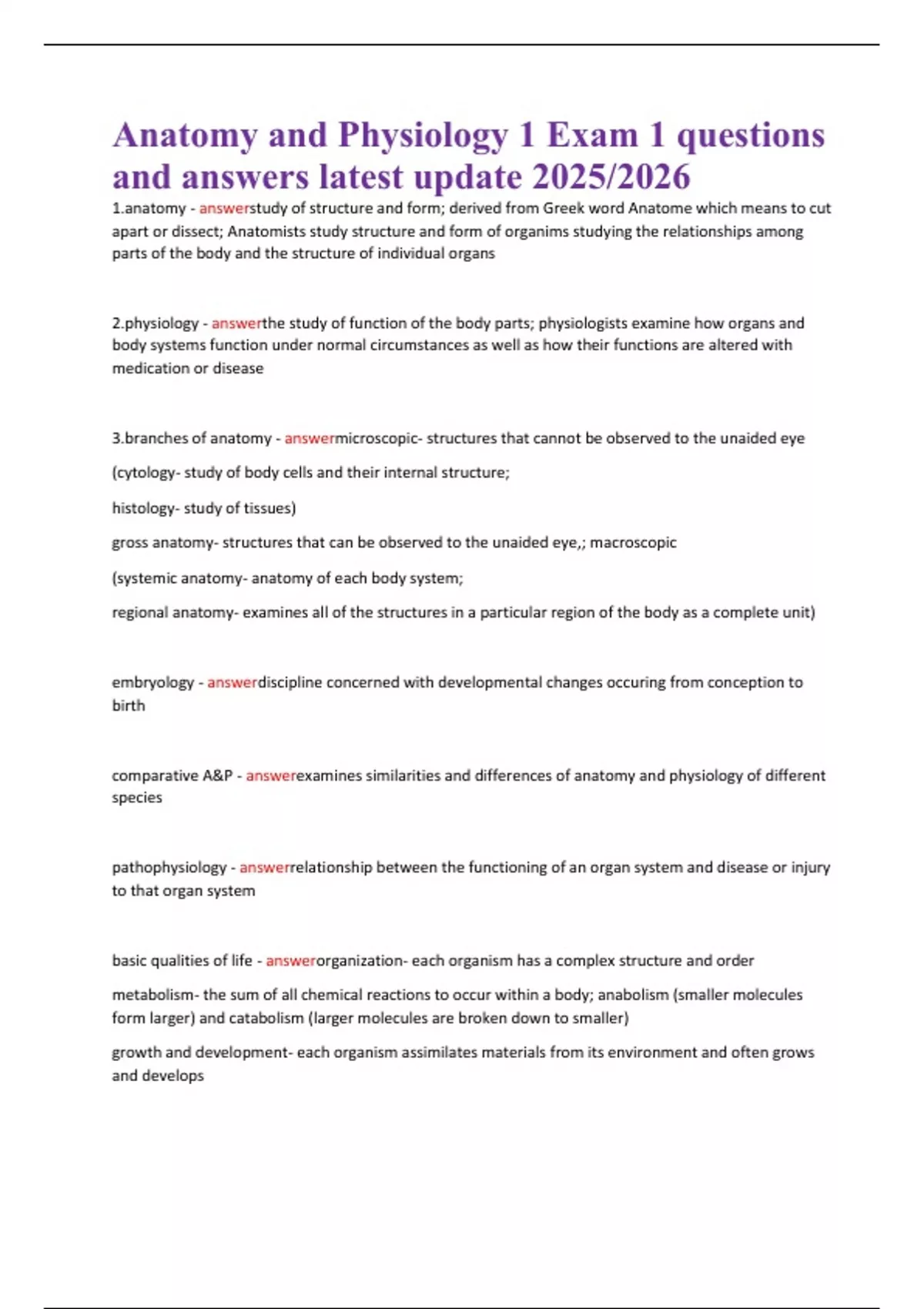 Anatomy and Physiology 1 Exam 1 questions and answers latest update ...