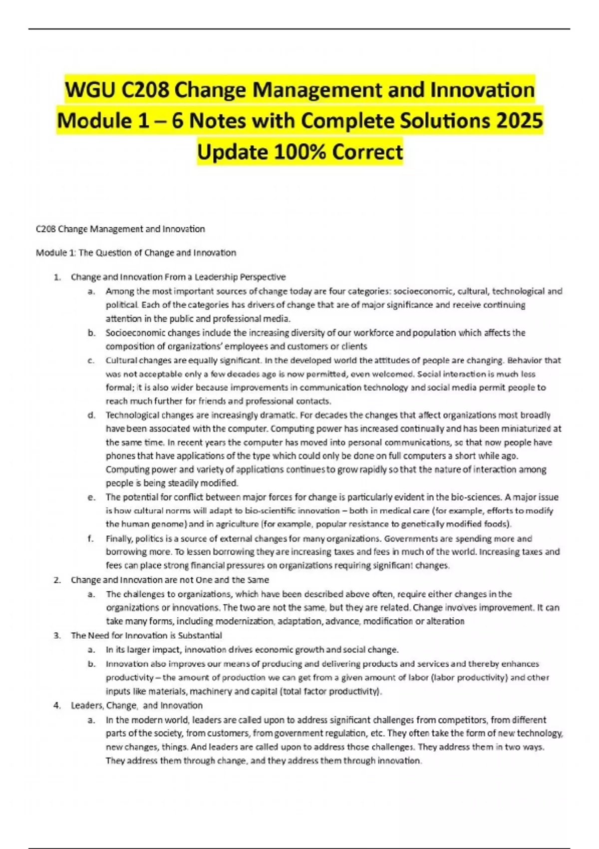 WGU C208 Change Management and Innovation Module 1 – 6 Notes with ...