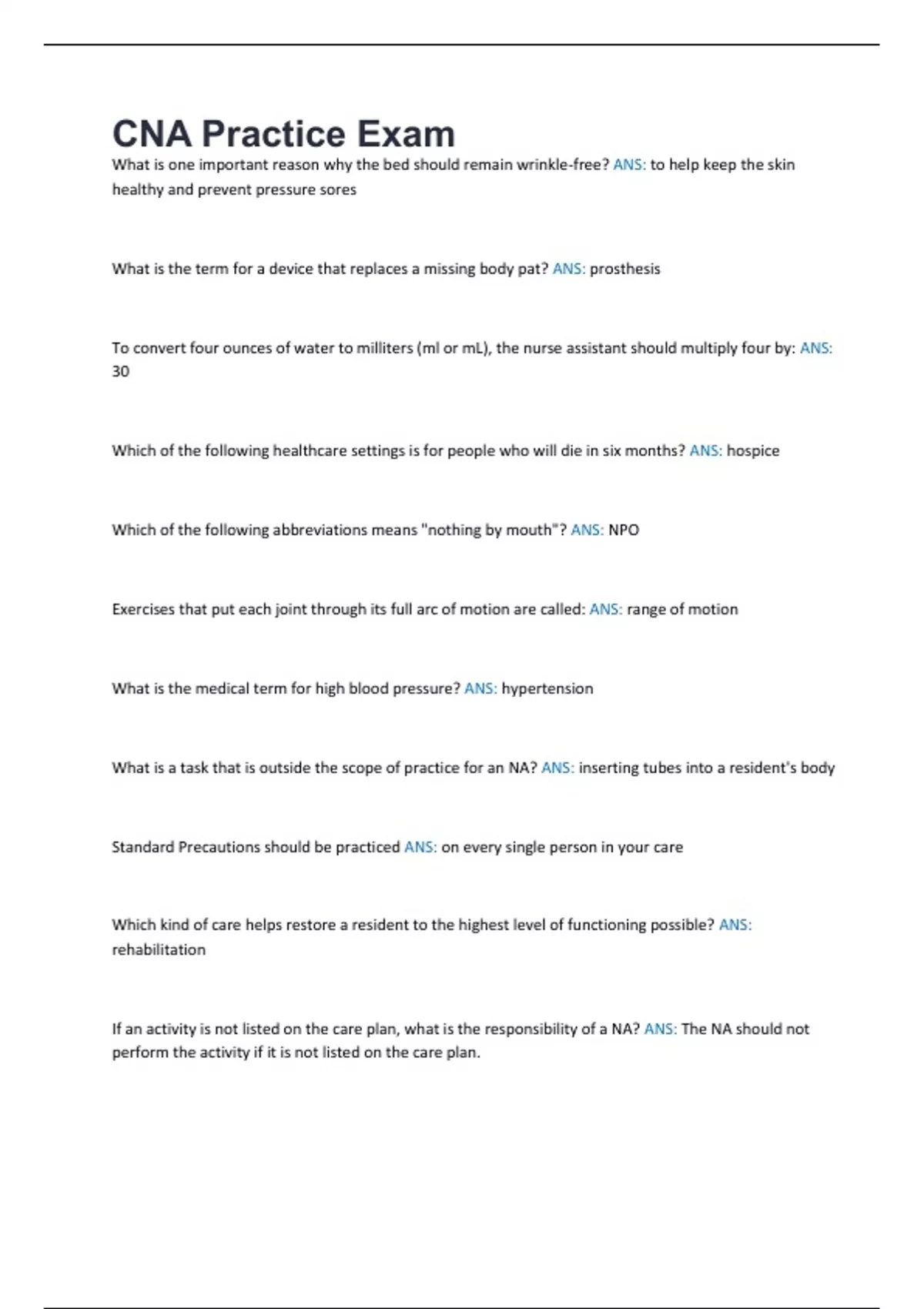 CNA Practice Exam 2025/2026. 100 Questions and answers - Cna - Stuvia US