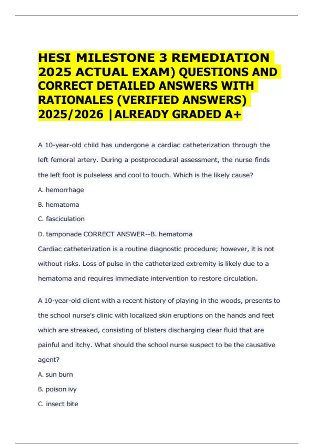 HESI MILESTONE 3 REMEDIATION 2025 ACTUAL EXAM) QUESTIONS AND CORRECT ...