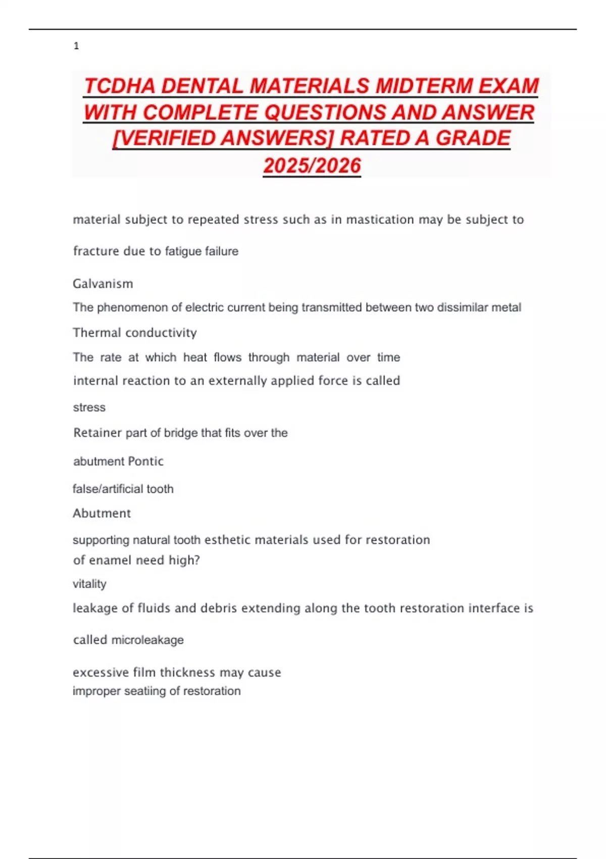 TCDHA DENTAL MATERIALS MIDTERM EXAM - TCDHA DENTAL - Stuvia US