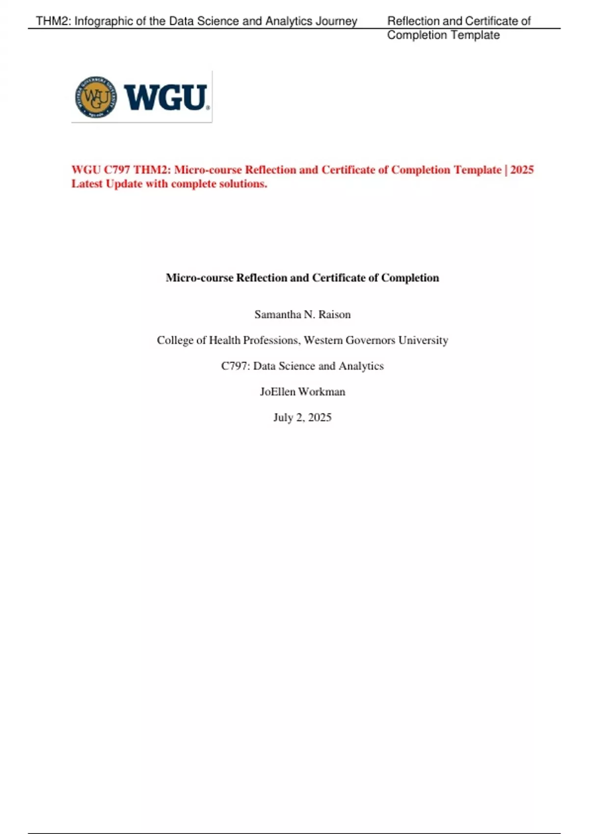 WGU C797 THM2: Micro-course Reflection and Certificate of Completion ...