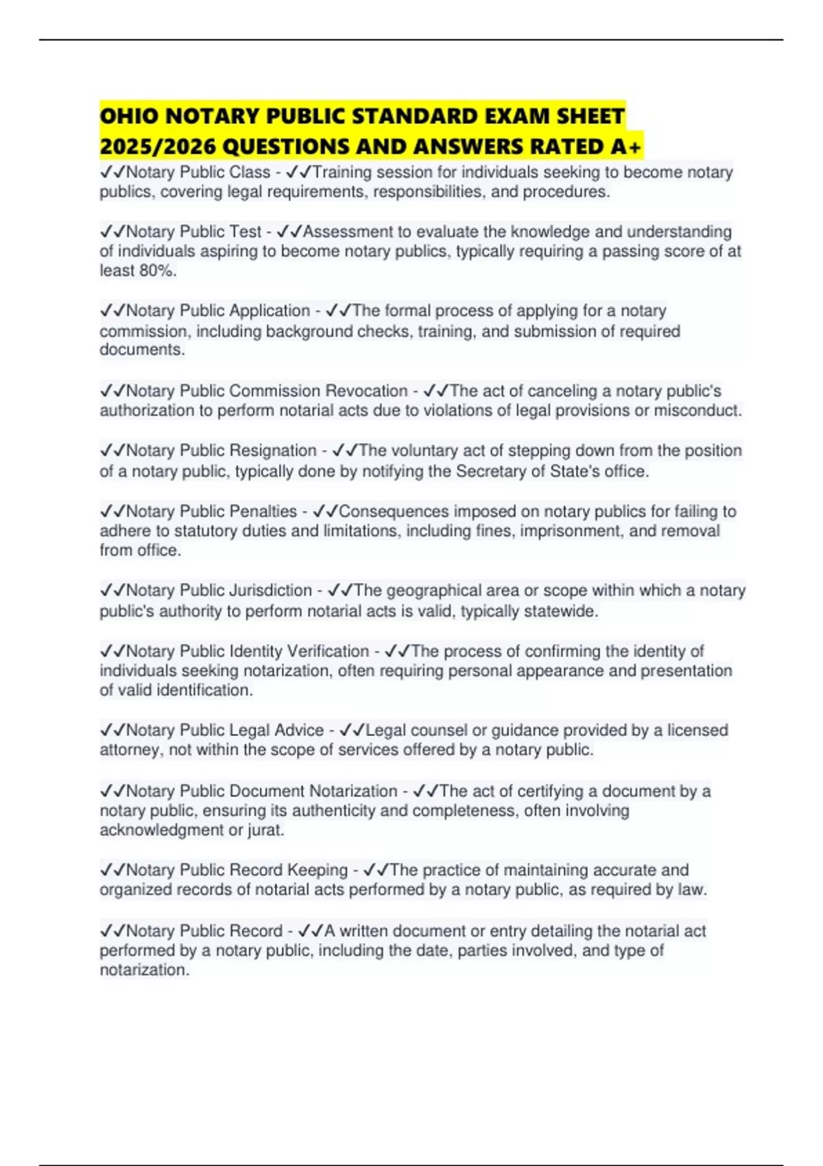 OHIO NOTARY PUBLIC STANDARD EXAM SHEET 2025/2026 QUESTIONS AND ANSWERS ...