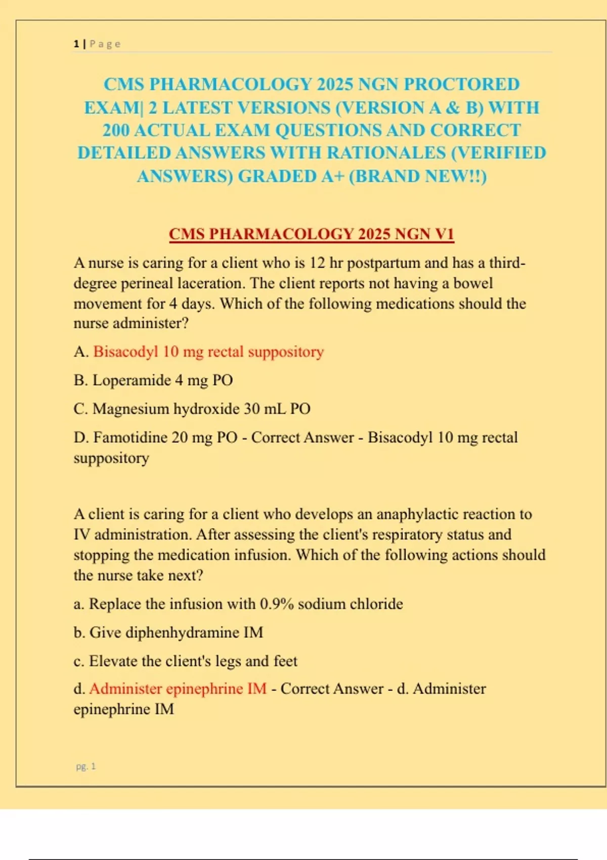 CMS PHARMACOLOGY 2025 NGN PROCTORED EXAM| 2 LATEST VERSIONS (VERSION A ...