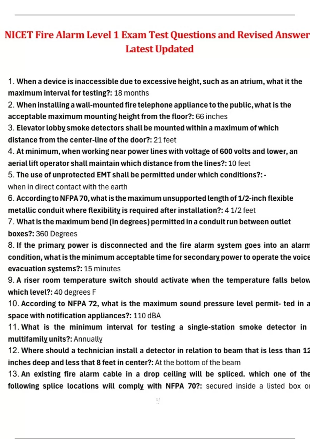 NICET Fire Alarm Systems Level 1 – Exam Test Questions and Revised ...