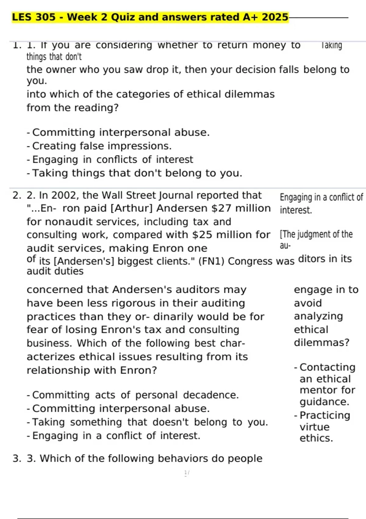 LES 305 - Arizona State University -LES 305 - Week 2 Quiz and answers ...