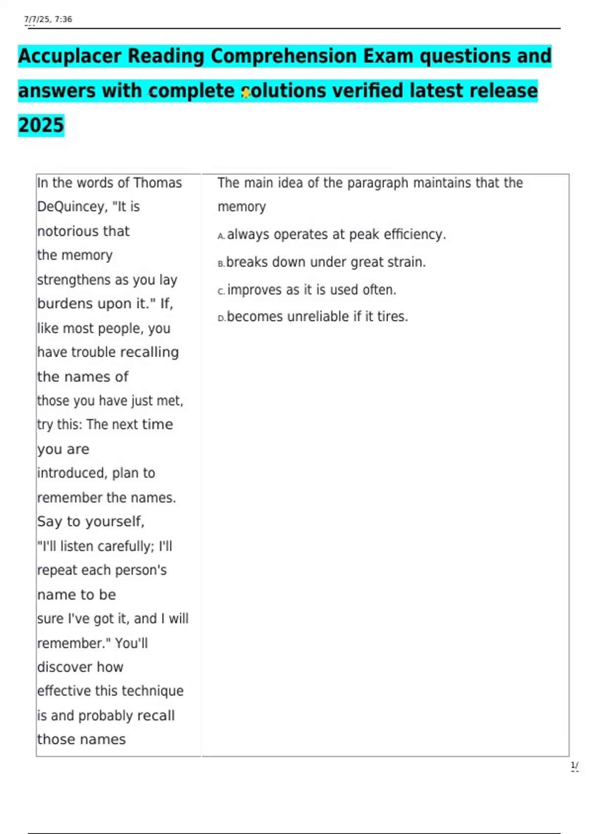 Accuplacer Reading Comprehension Exam questions and answers with ...