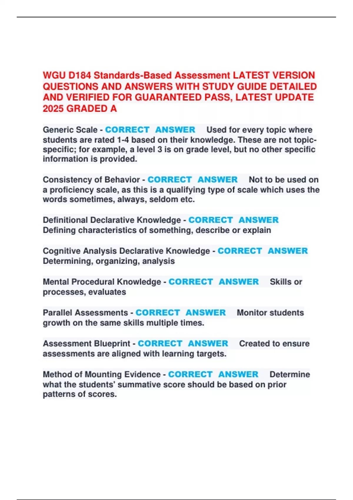 WGU D184 Standards-Based Assessment LATEST VERSION QUESTIONS AND ...