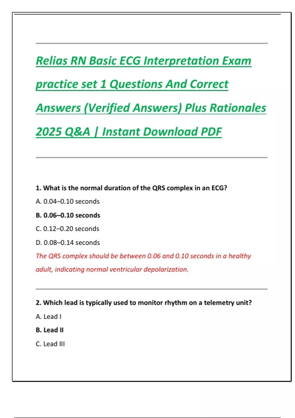 Relias RN Basic ECG Interpretation Exam practice set 1 Questions And ...