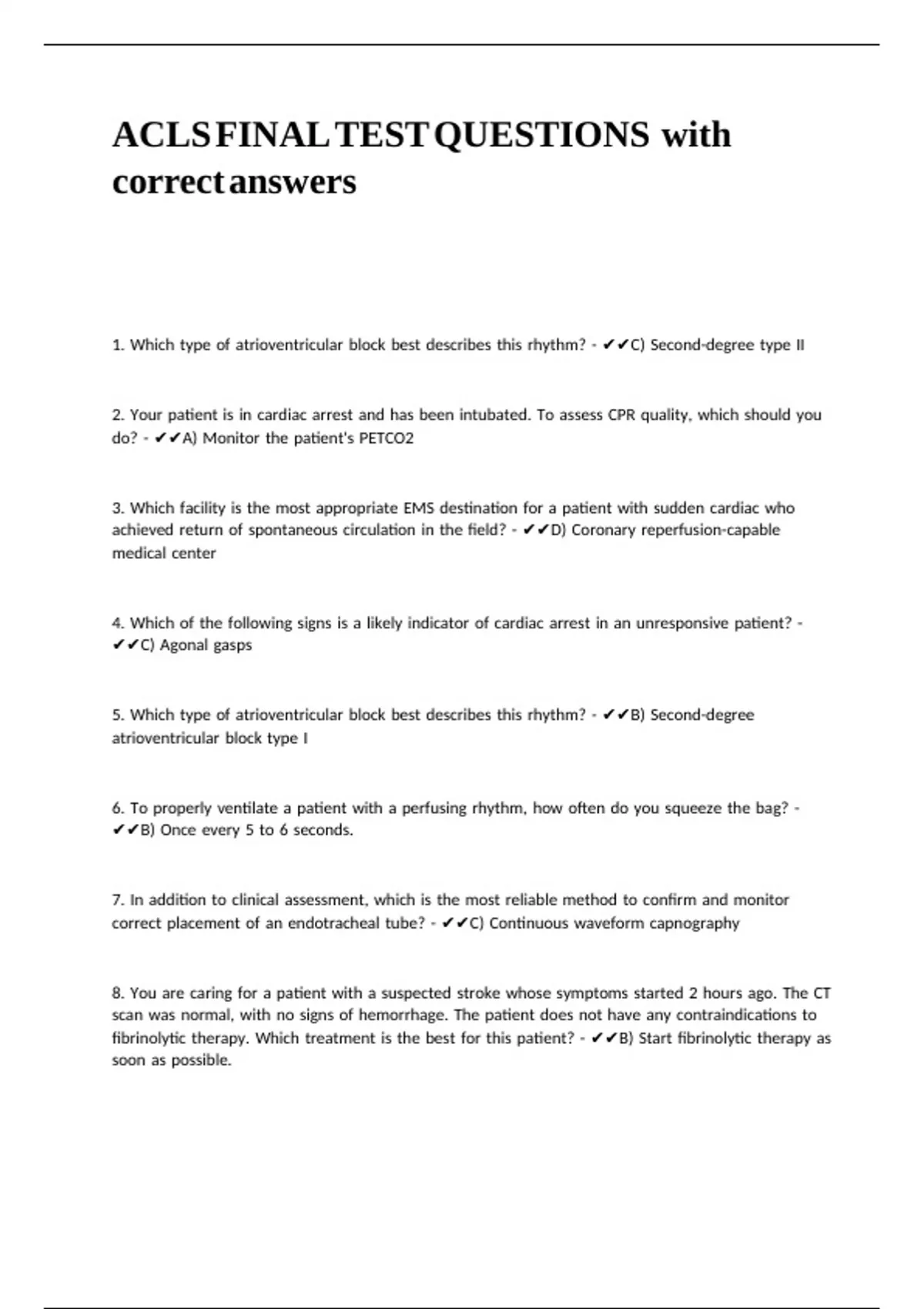 ACLS FINAL TEST QUESTIONS with correct answers - ACLS - Stuvia US