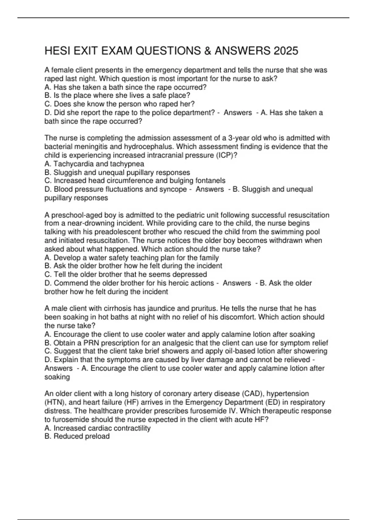 HESI EXIT EXAM QUESTIONS & ANSWERS 2025 - Hesi exit - Stuvia US