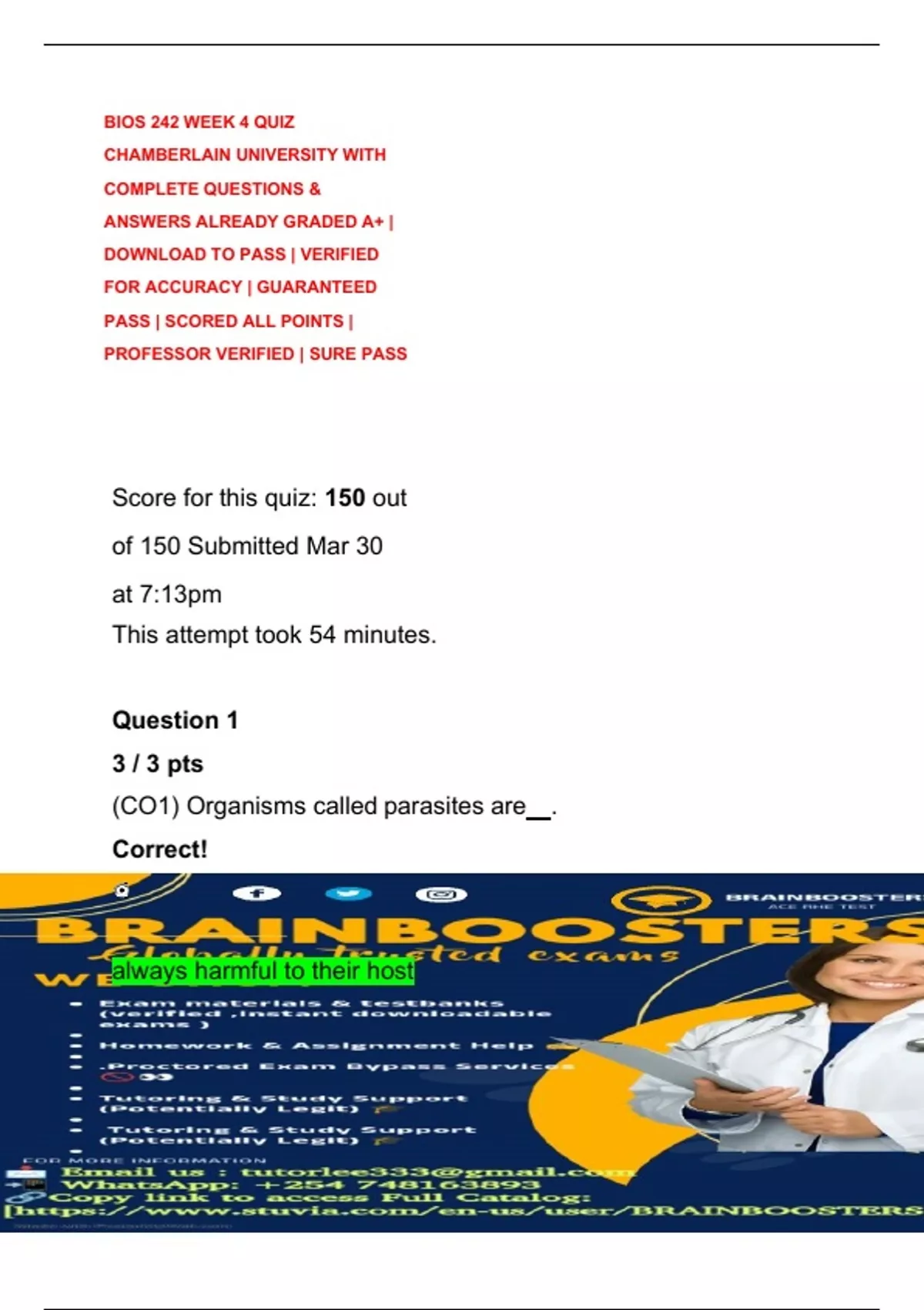 BIOS 242 | WEEK 4 QUIZ | CHAMBERLAIN UNIVERSITY | WITH COMPLETE QUESTIONS & ANSWERS | ALREADY ...