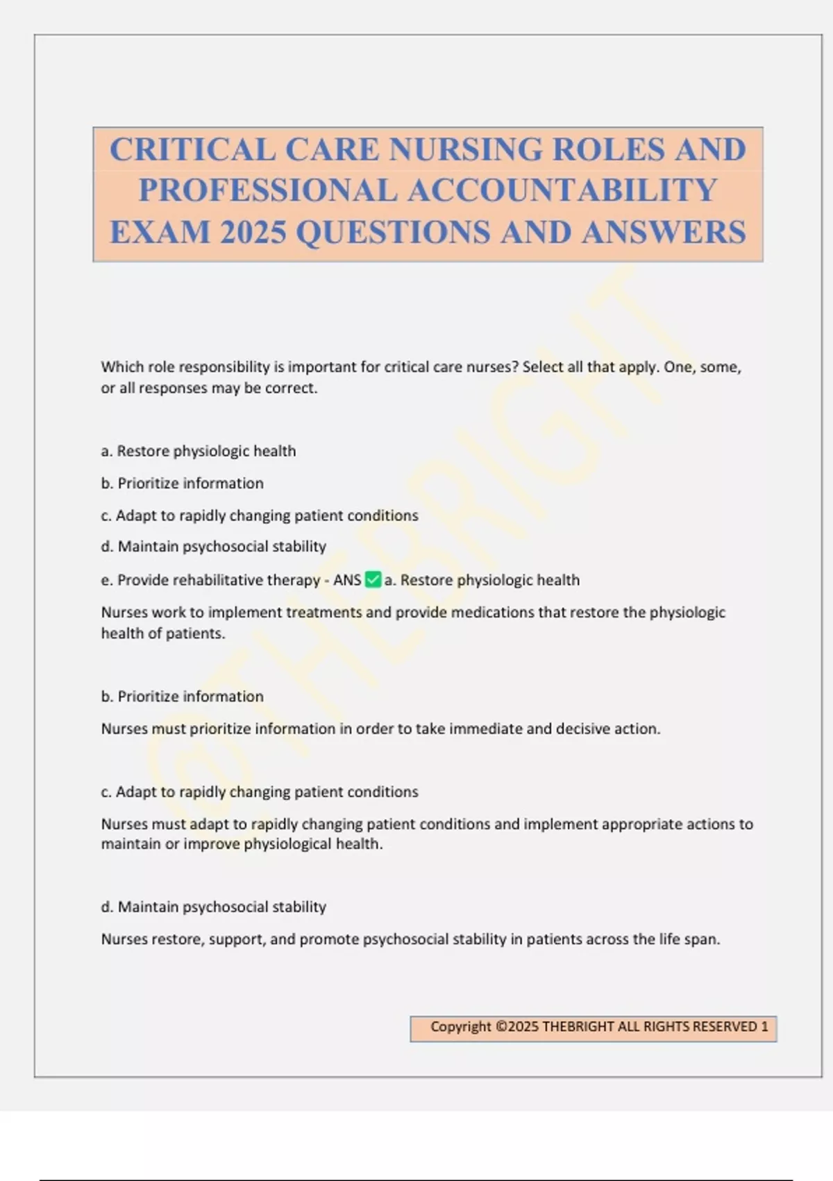 CRITICAL CARE NURSING ROLES AND PROFESSIONAL ACCOUNTABILITY EXAM 2025 ...