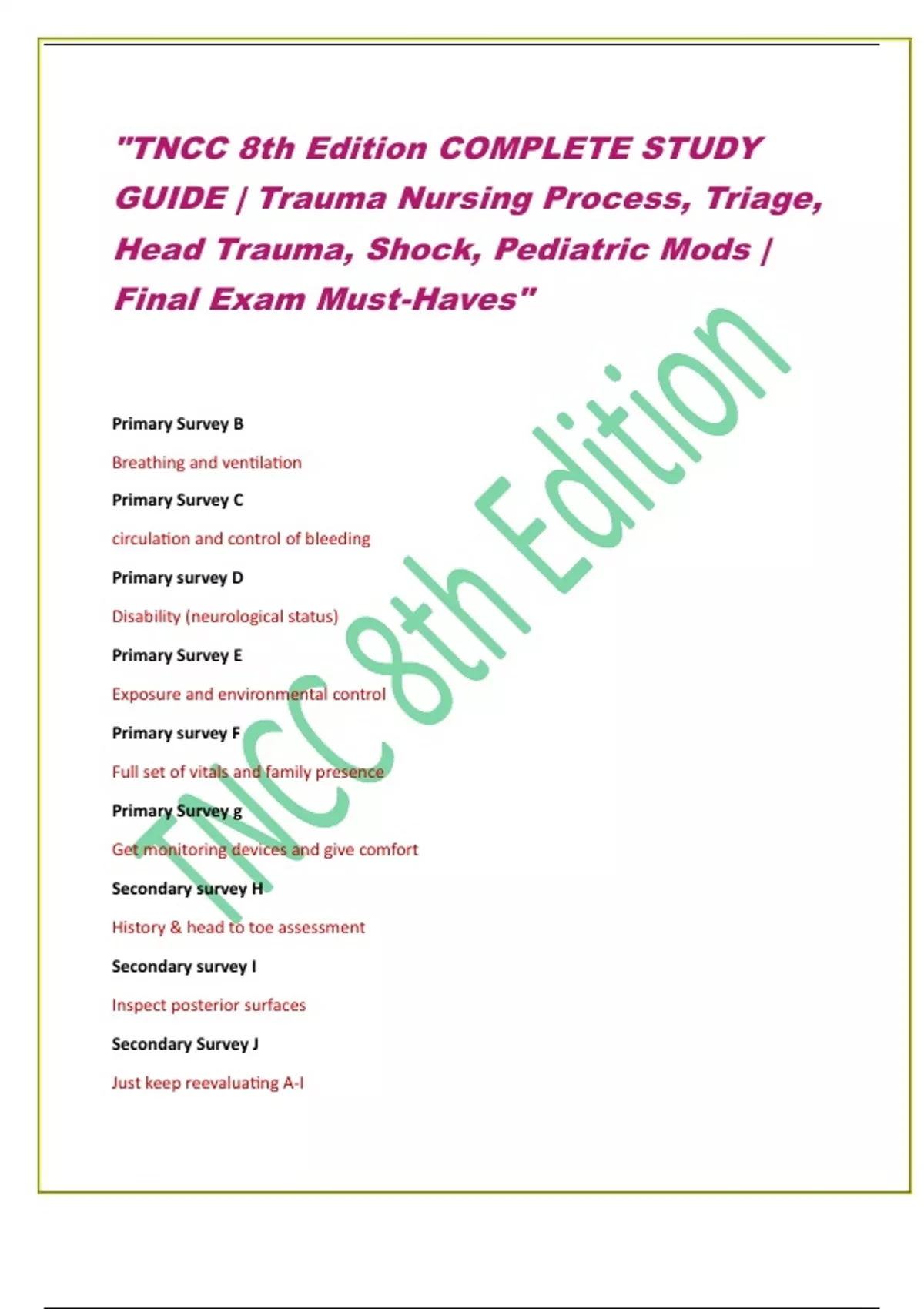 "TNCC 8th Edition COMPLETE STUDY GUIDE | Trauma Nursing Process, Triage ...