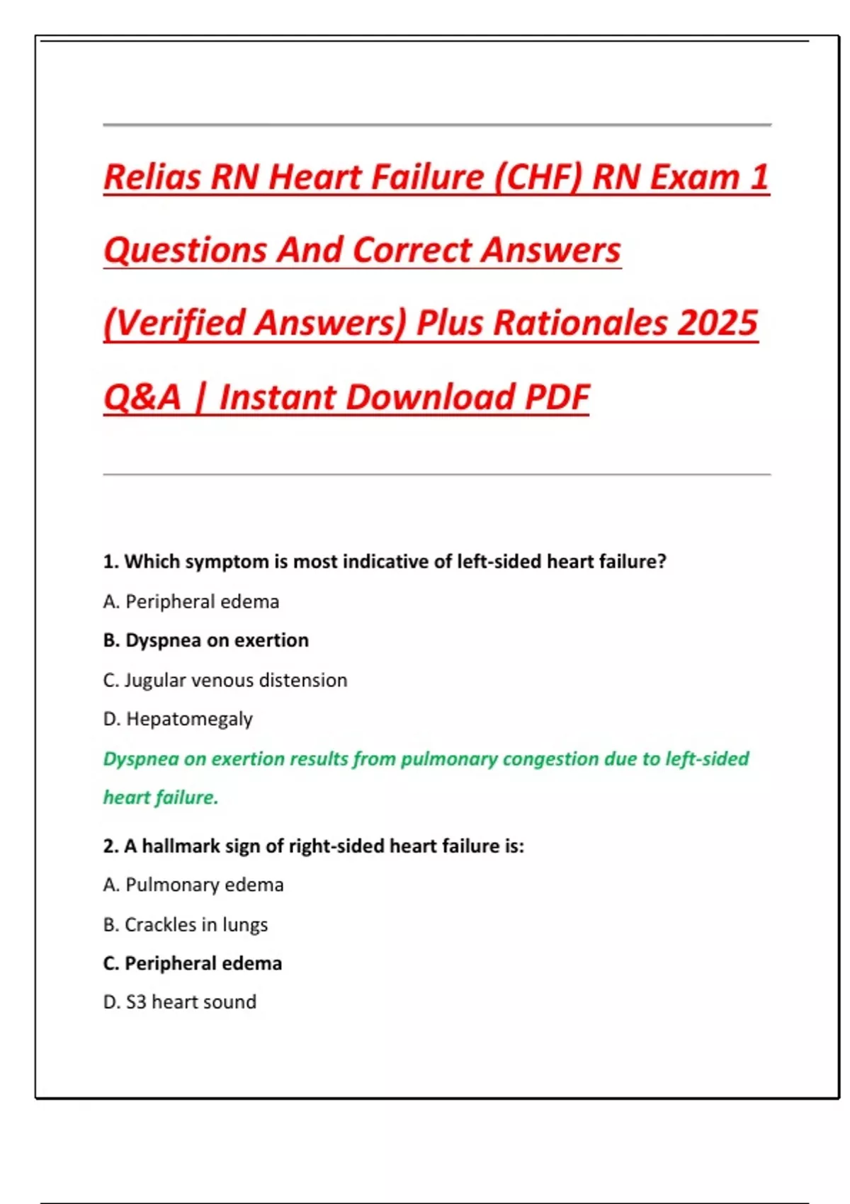 Relias RN Heart Failure (CHF) RN Exam 1 Questions And Correct Answers ...