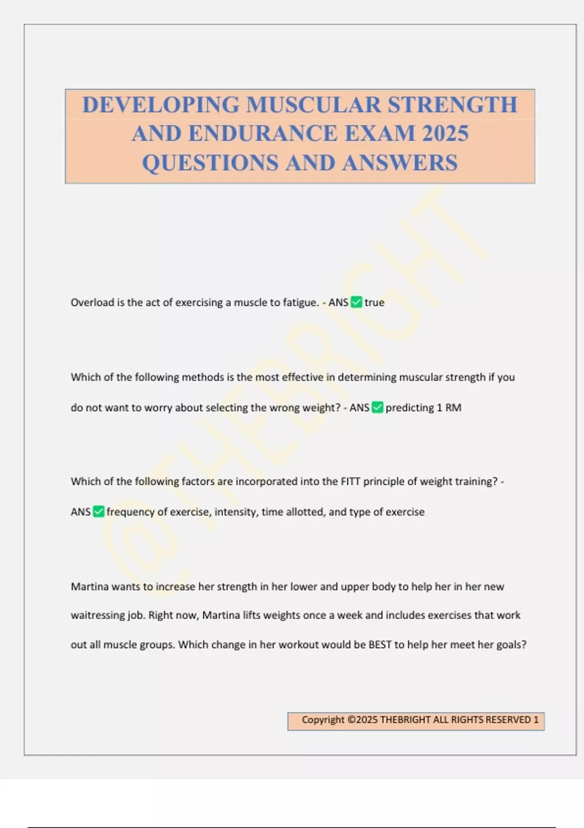 DEVELOPING MUSCULAR STRENGTH AND ENDURANCE EXAM 2025 QUESTIONS AND ...