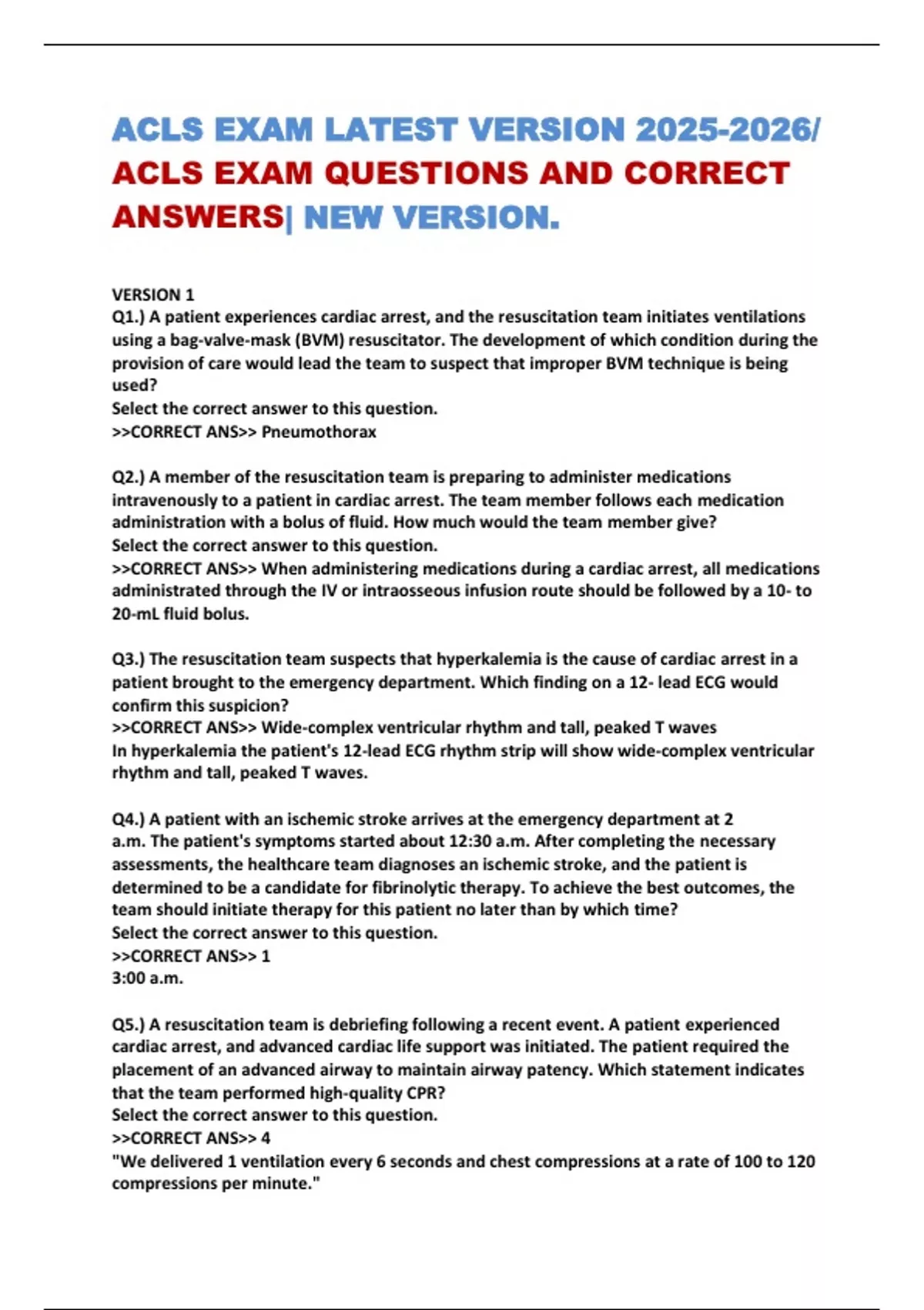 ACLS EXAM LATEST VERSION / ACLS EXAM QUESTIONS AND CORRECT ANSWERS| NEW ...
