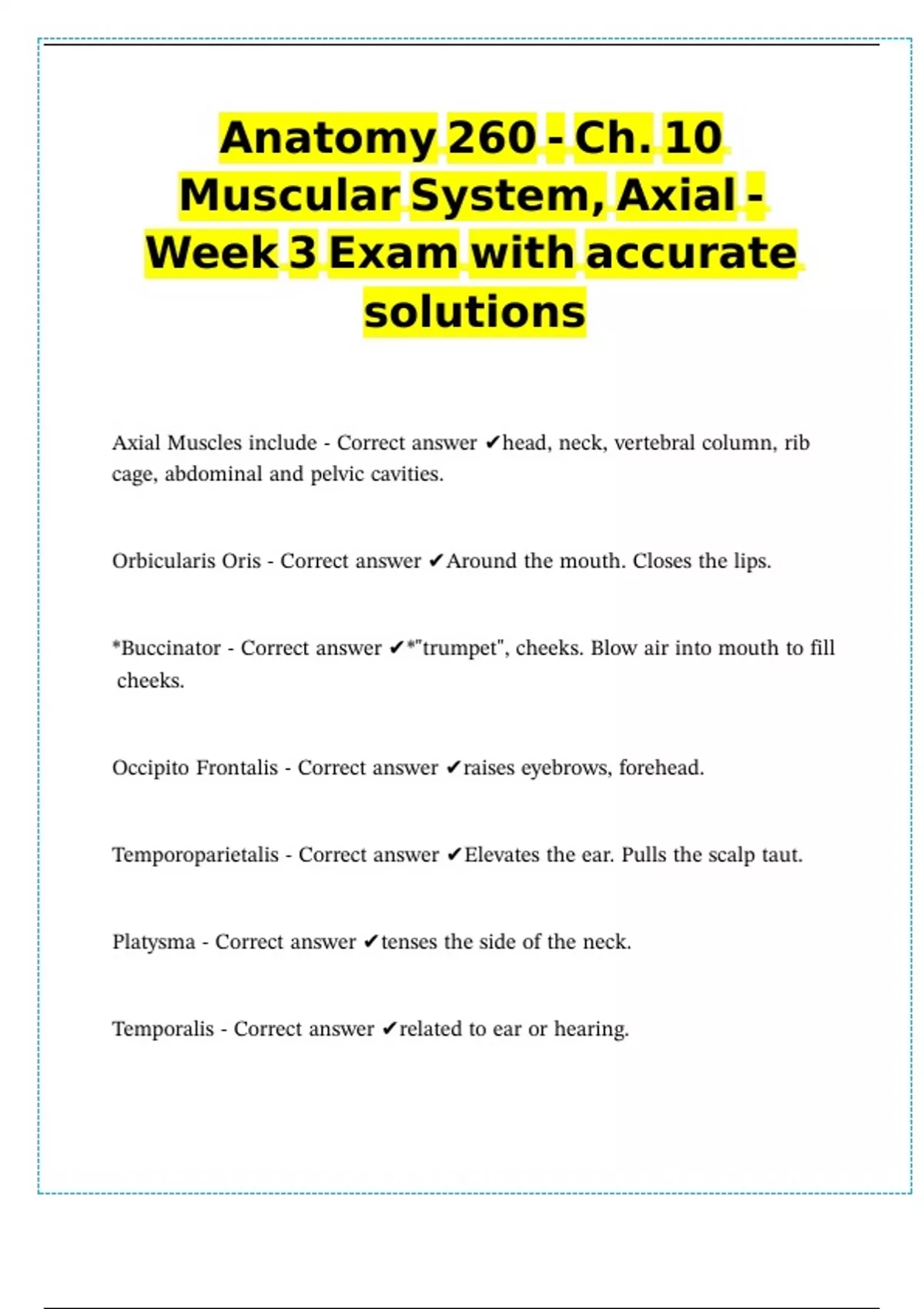 Anatomy 260 - Ch. 10 Muscular System, Axial - Week 3 Exam with accurate ...
