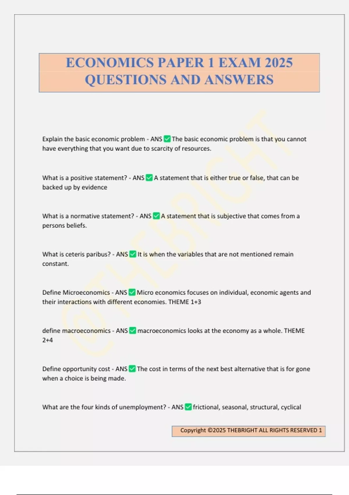 ECONOMICS PAPER 1 EXAM 2025 QUESTIONS AND ANSWERS - ECONOMICS - Stuvia US