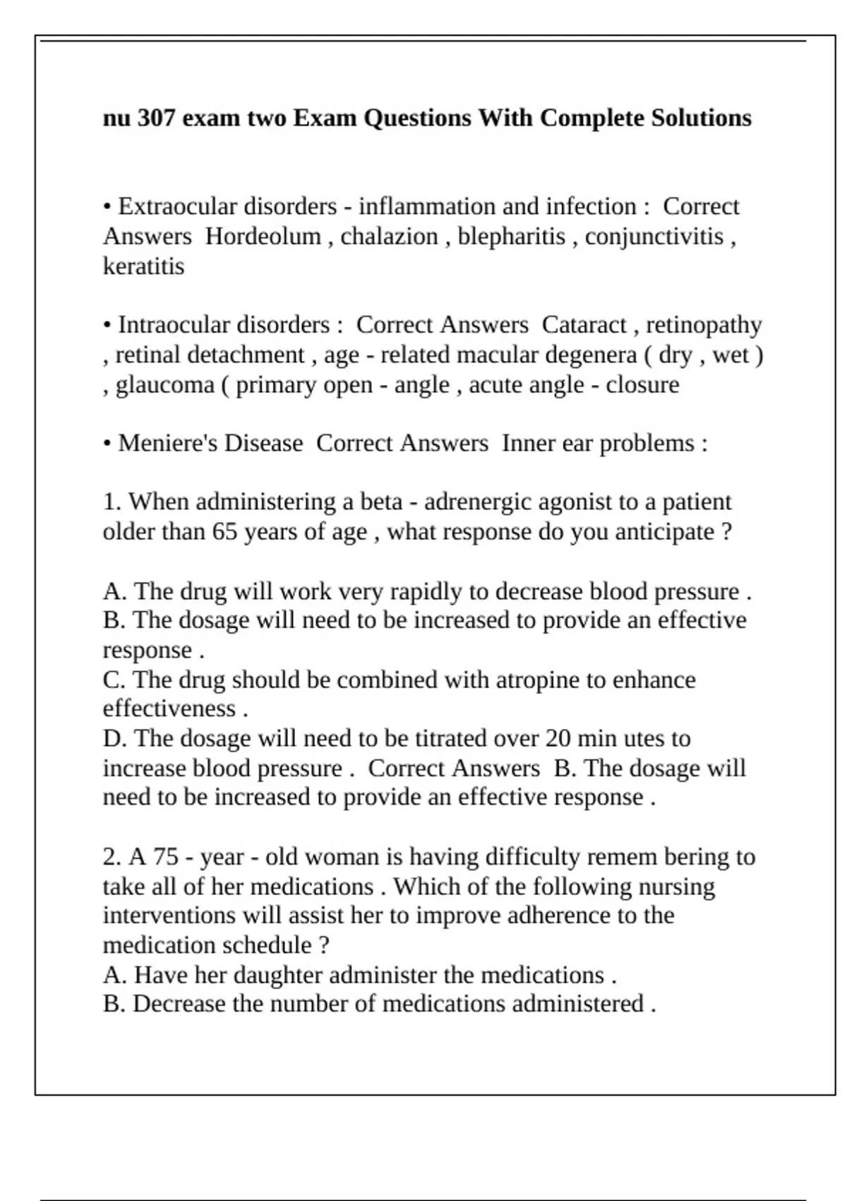 nu 307 exam two Exam Questions With Complete Solutions - Nu 307 - Stuvia US