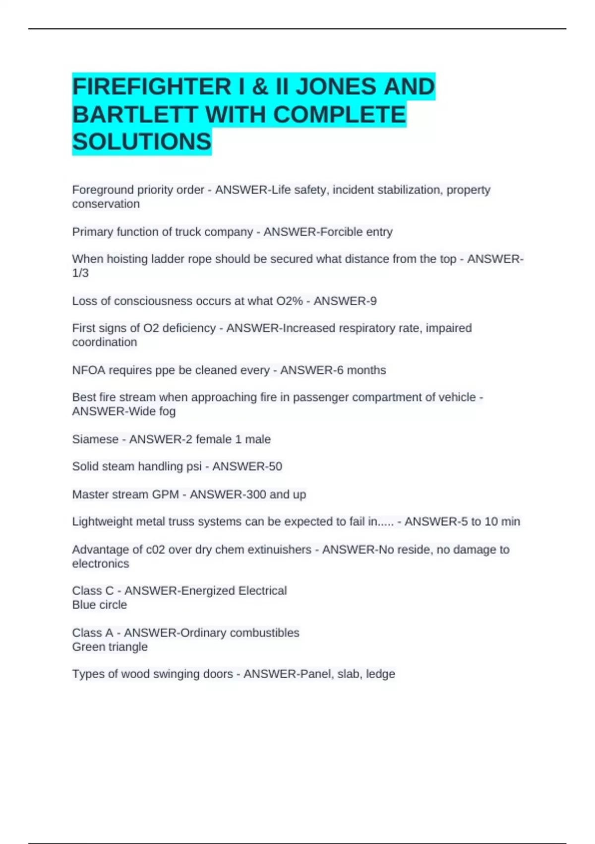 FIREFIGHTER I & II JONES AND BARTLETT WITH COMPLETE SOLUTIONS ...