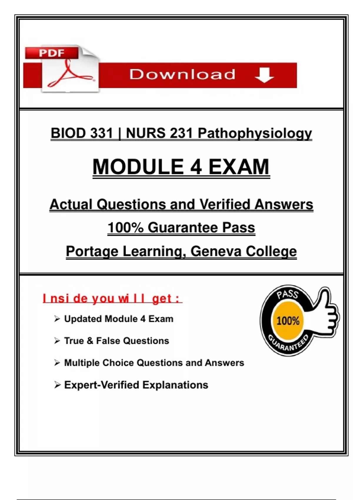 Portage Learning | Pathophysiology | NURS 231/BIOD 331 Module 4 Exam ...