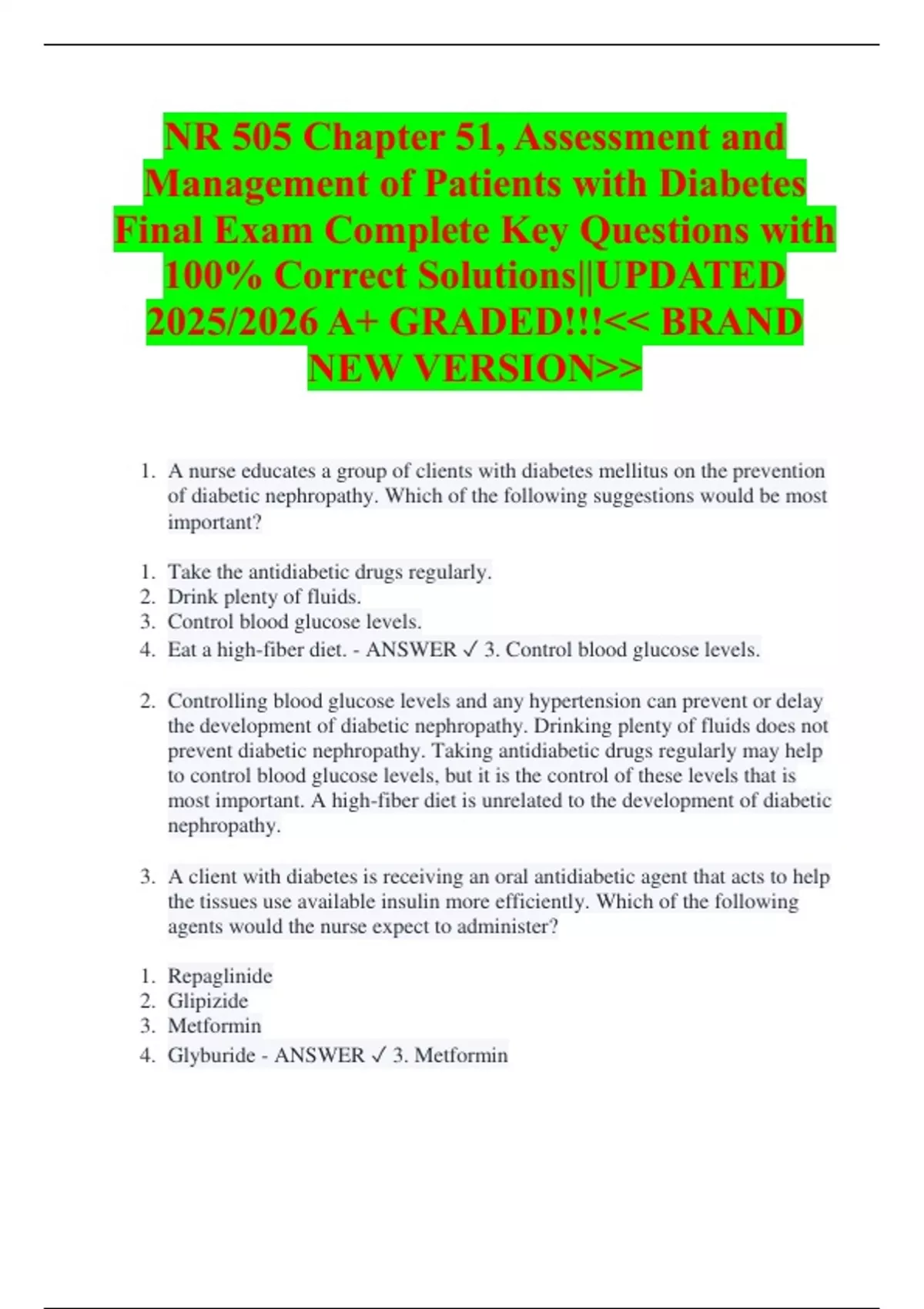 NR 505 Chapter 51, Assessment and Management of Patients with Diabetes ...
