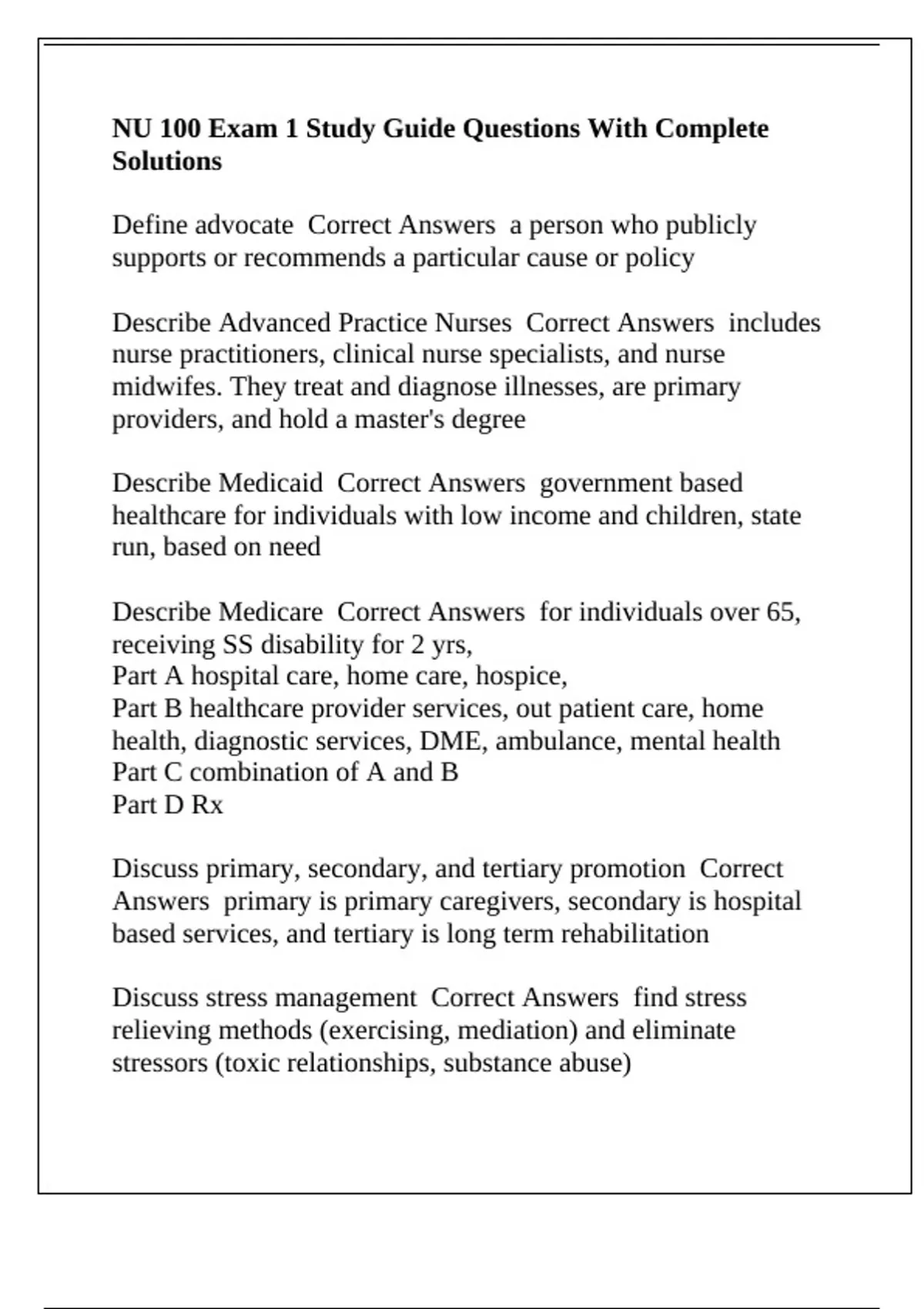 NU 100 Exam 1 Study Guide Questions With Complete Solutions - NU 100 ...