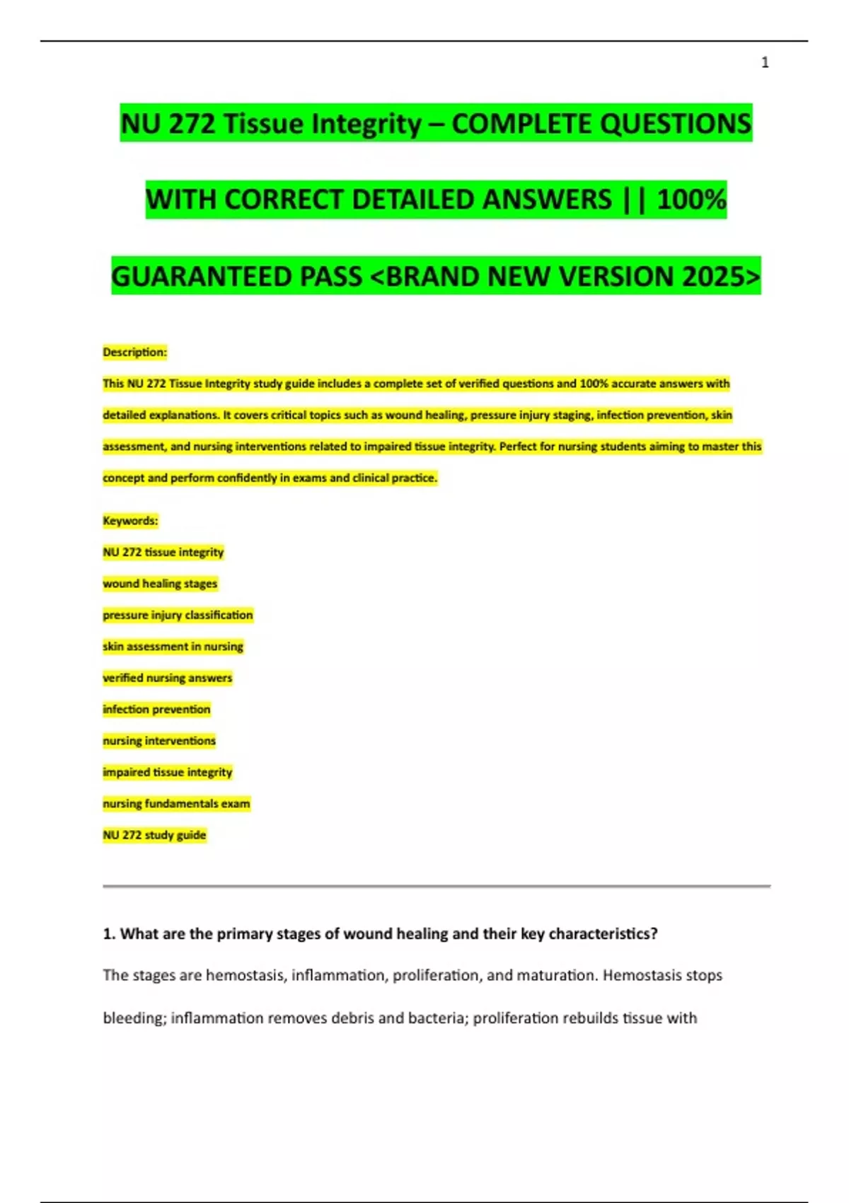 NU 272 Tissue Integrity – COMPLETE QUESTIONS WITH CORRECT DETAILED ...