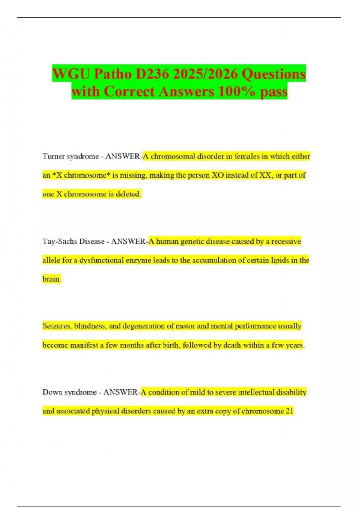 WGU Patho D236 2025/2026 Questions with Correct Answers 100% pass - WGU patho D236 - Stuvia US