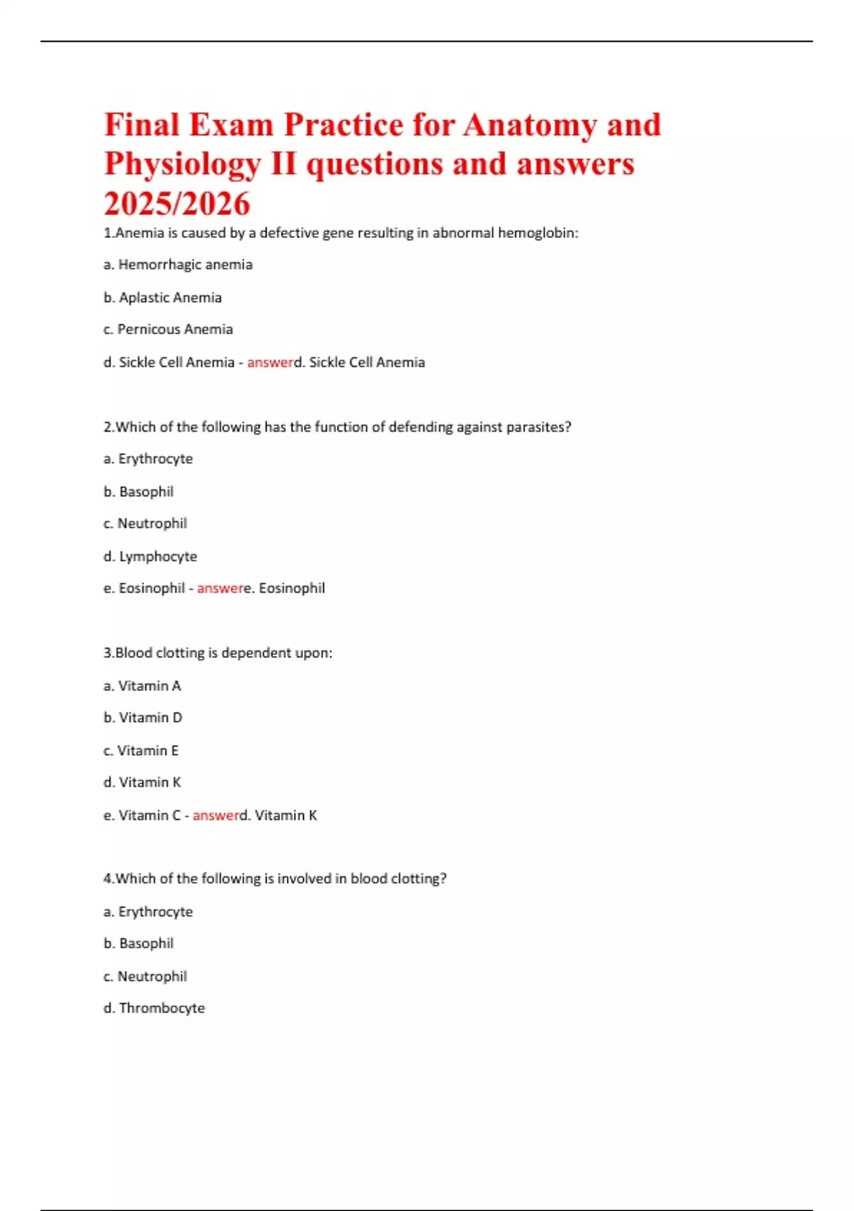 Final Exam Practice for Anatomy and Physiology II questions and answers ...