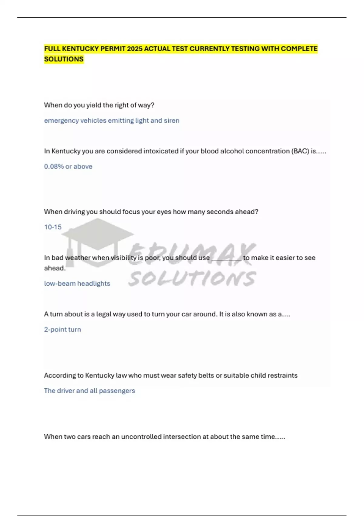 FULL KENTUCKY PERMIT 2025 ACTUAL TEST CURRENTLY TESTING WITH COMPLETE ...