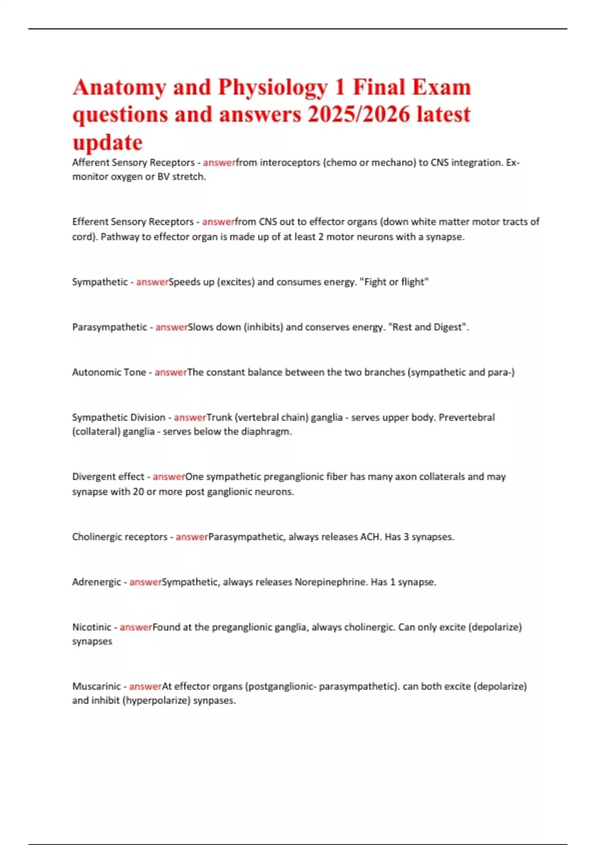 Anatomy and Physiology 1 Final Exam questions and answers 2025/2026 ...