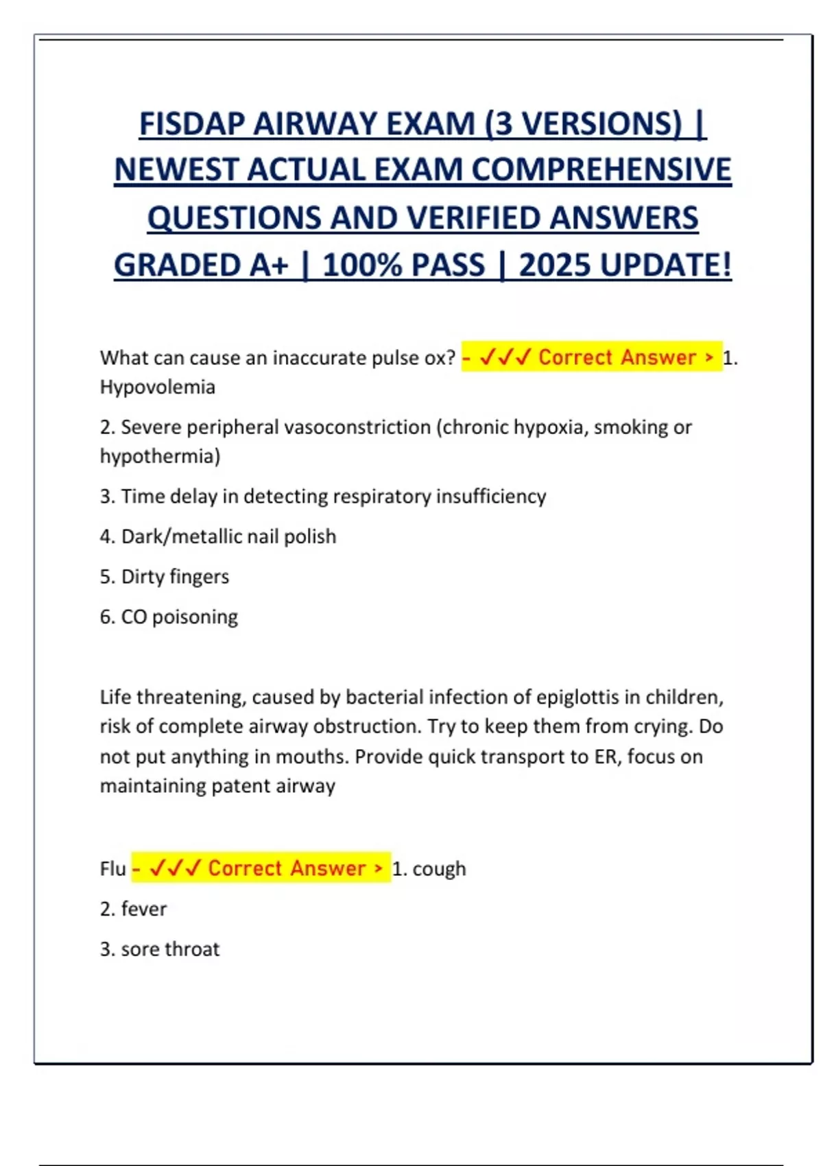 FISDAP AIRWAY EXAM (3 VERSIONS) | NEWEST ACTUAL EXAM COMPREHENSIVE QUESTIONS AND VERIFIED ...